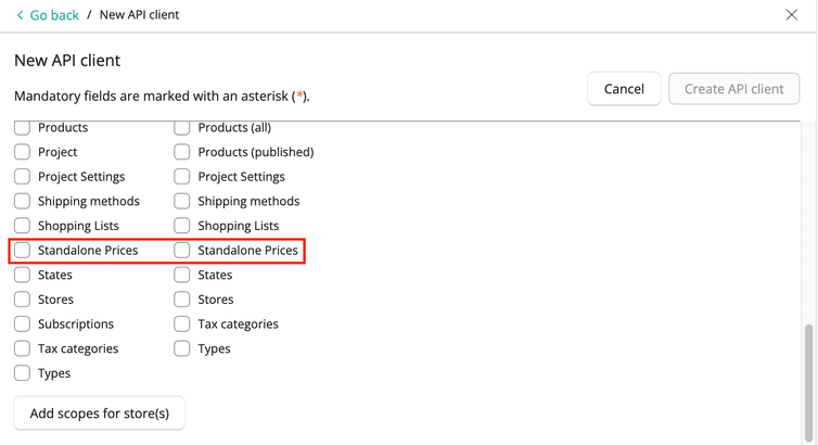 Create API Clients with scopes for Standalone Prices | Merchant Center | commercetools ...